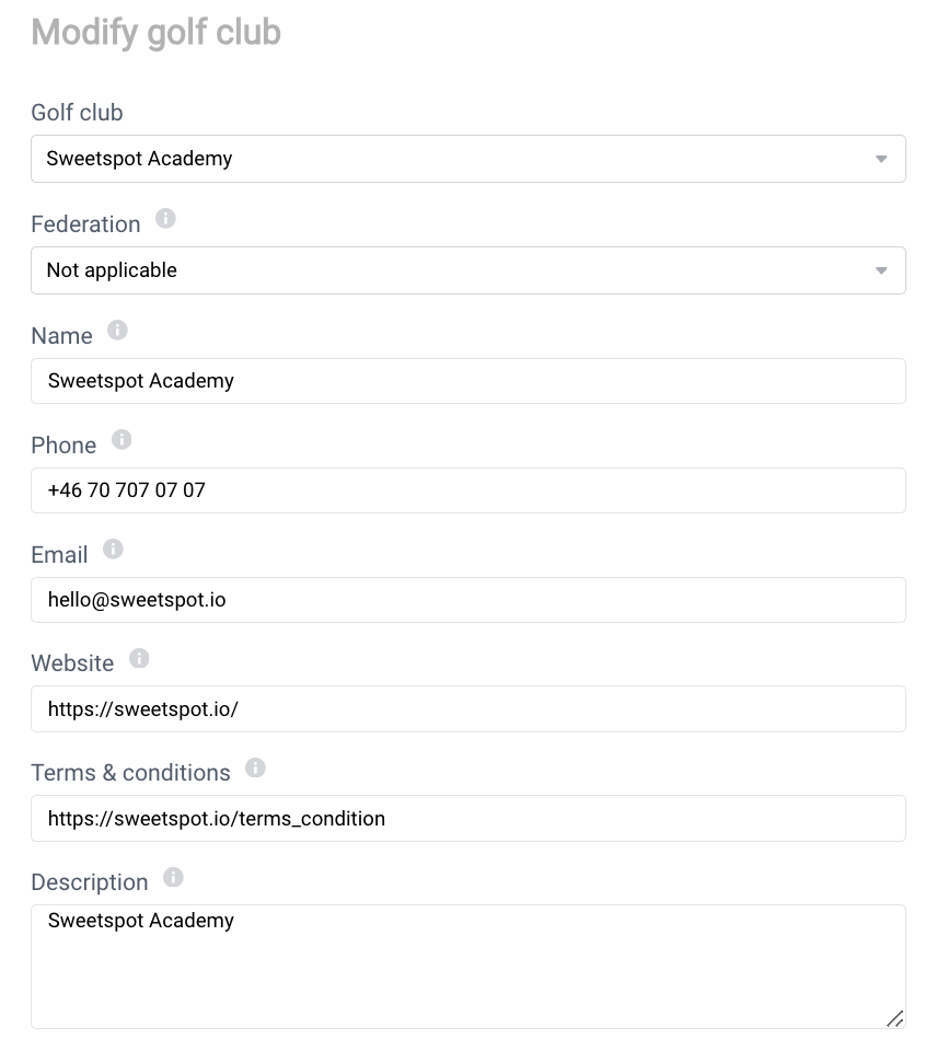 Settings - modify golf club